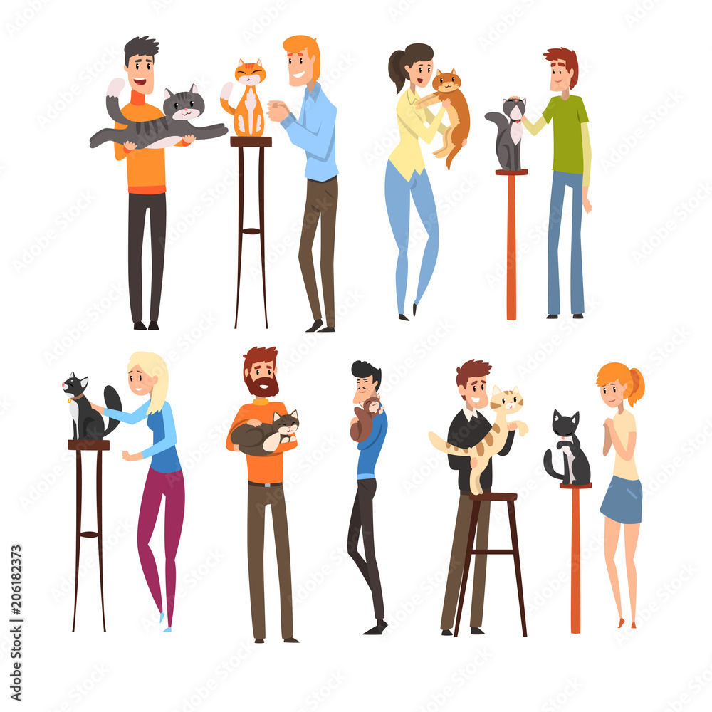 Cat breeds show, owners presenting their pets cartoon vector ...