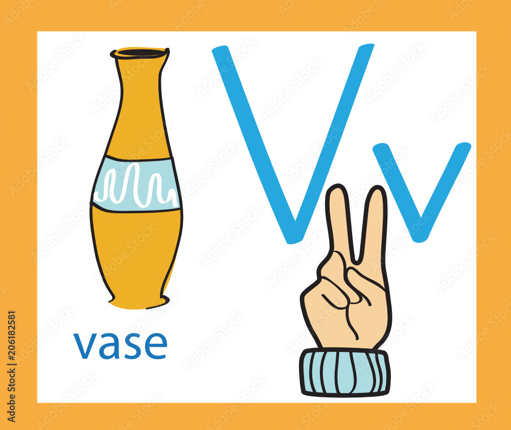 Creative English Alphabet Abc Concept Sign Language And Alphabet Cartoon Letter V Stock