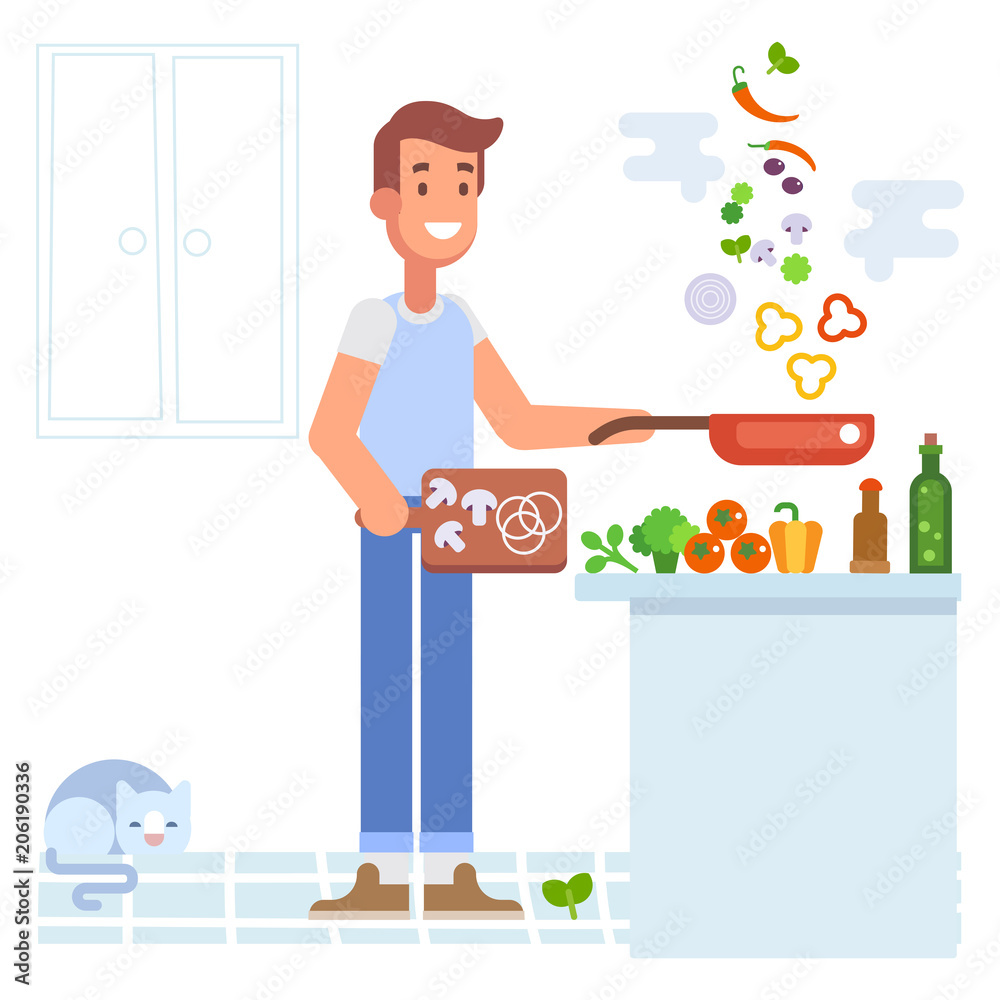 Young Man Cooking. Vector flat cartoon illustration. Stock Vector ...