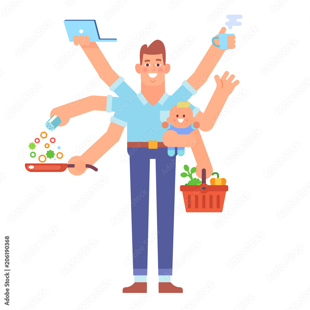 Multitasking man. Super Dad - father with baby, working, cooking ...