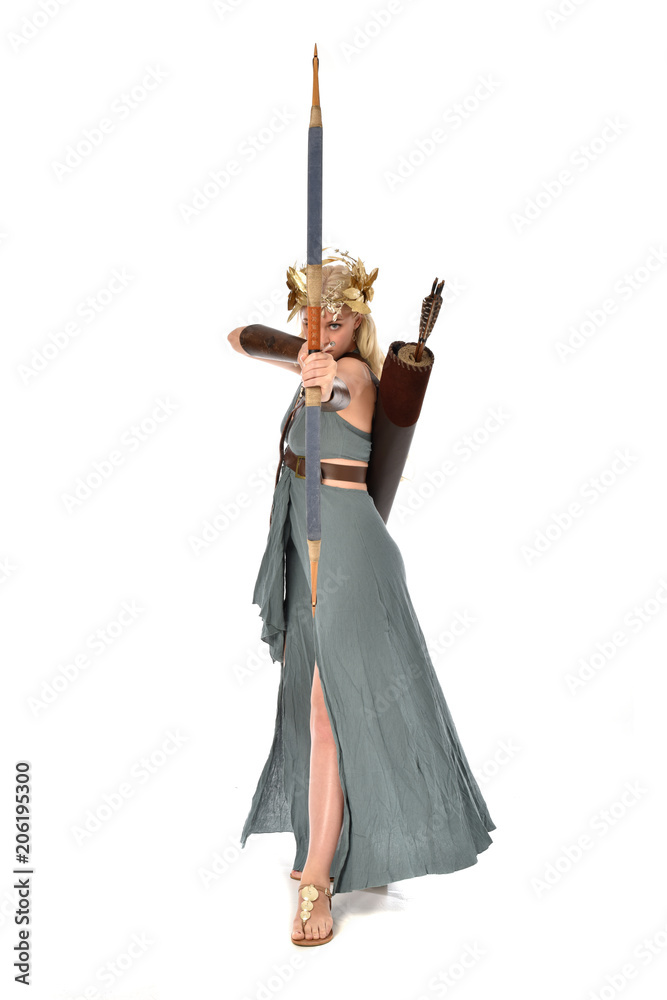 full length portrait of pretty blonde lady wearing fantasy toga gown ...