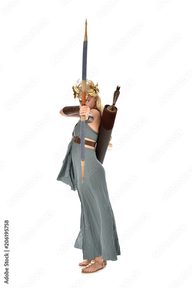 full length portrait of pretty blonde lady wearing fantasy toga gown ...