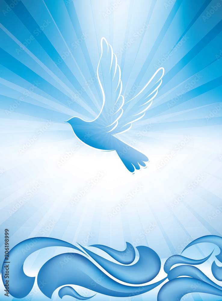 Christian baptism symbol with dove and waves of water on blue ...