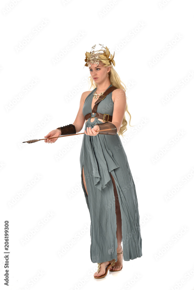 full length portrait of pretty blonde lady wearing fantasy toga gown ...