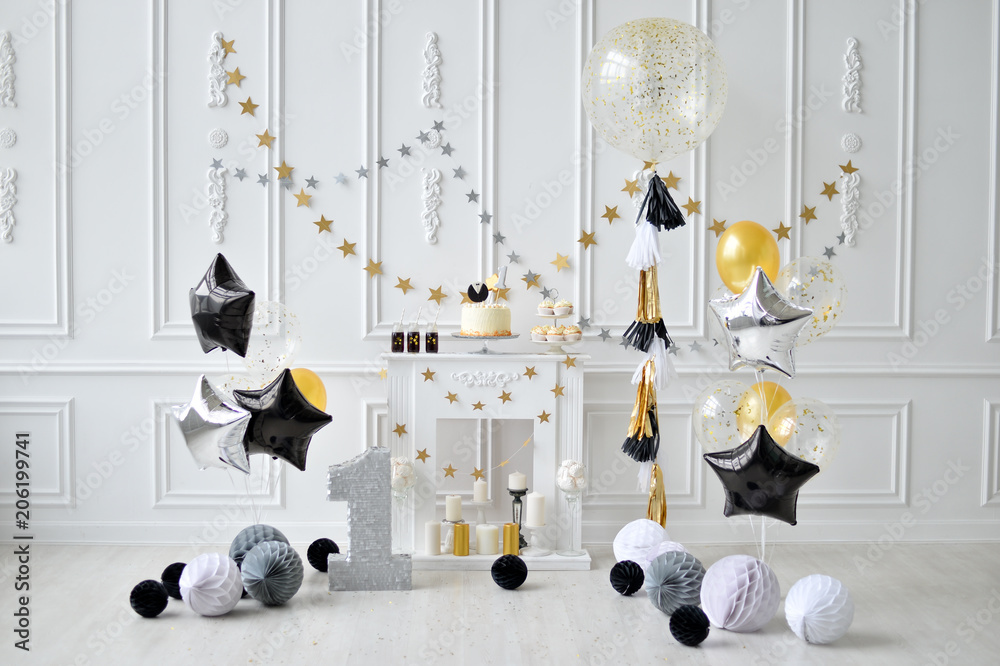 One year birthday decorations. Decorations for holiday party. A lot of ...
