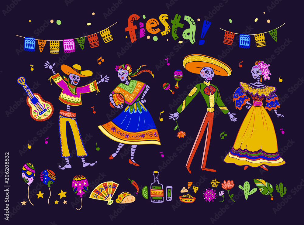 Big vector set of fiesta elements, symbols & skeleton characters in ...