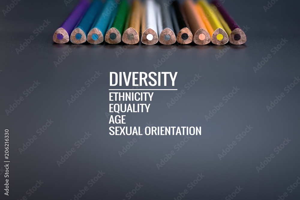 Diversity concept. row of mix color pencil on black background with ...