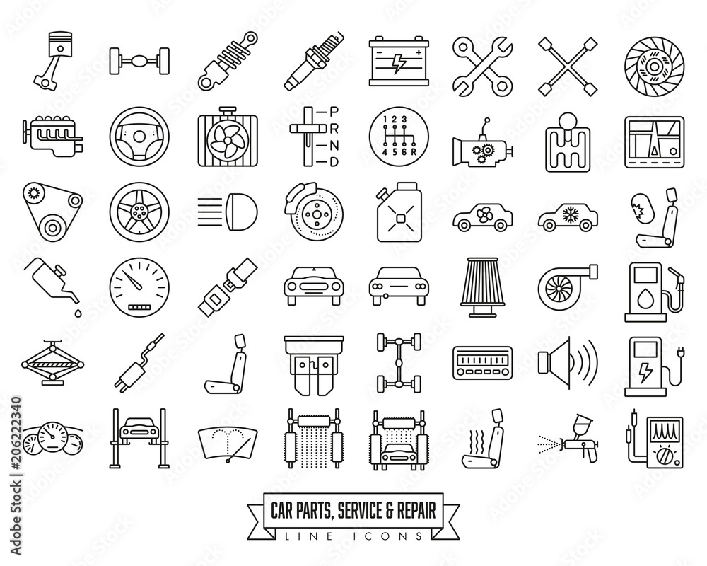 Car parts, service and repair line icon set Stock Vector | Adobe Stock