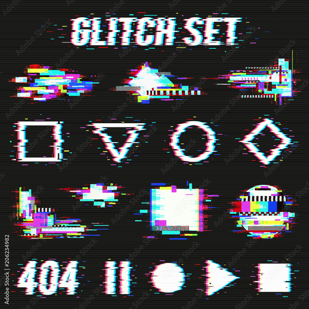 Glitch Set On Black Background Stock Vector | Adobe Stock