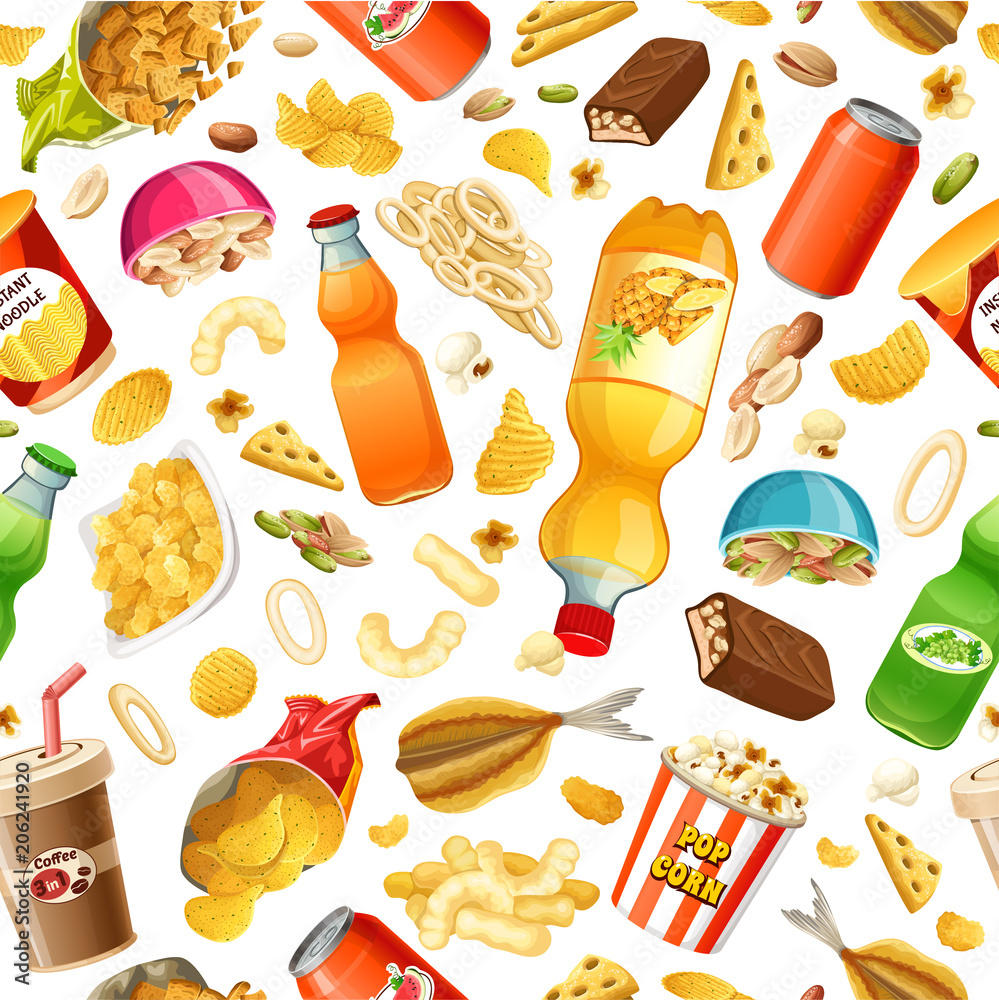 Seamless pattern junk food. Salted nuts, squid rings, rusks, pop corn ...