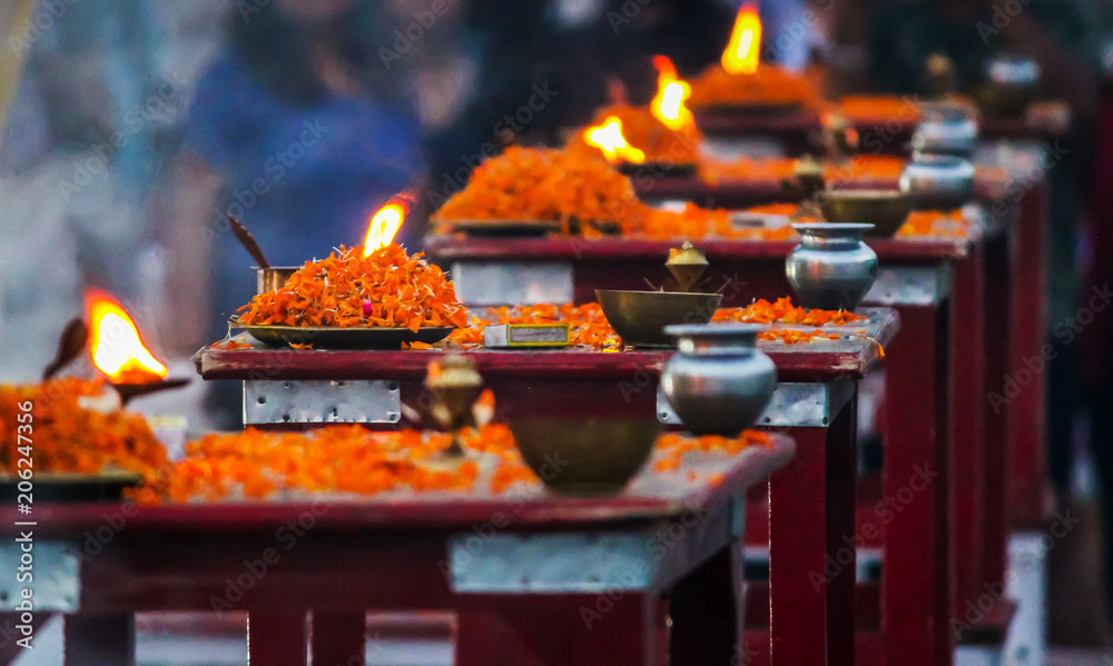 Candles used in performance of religious Ganga Aarti ritual fire puja ...