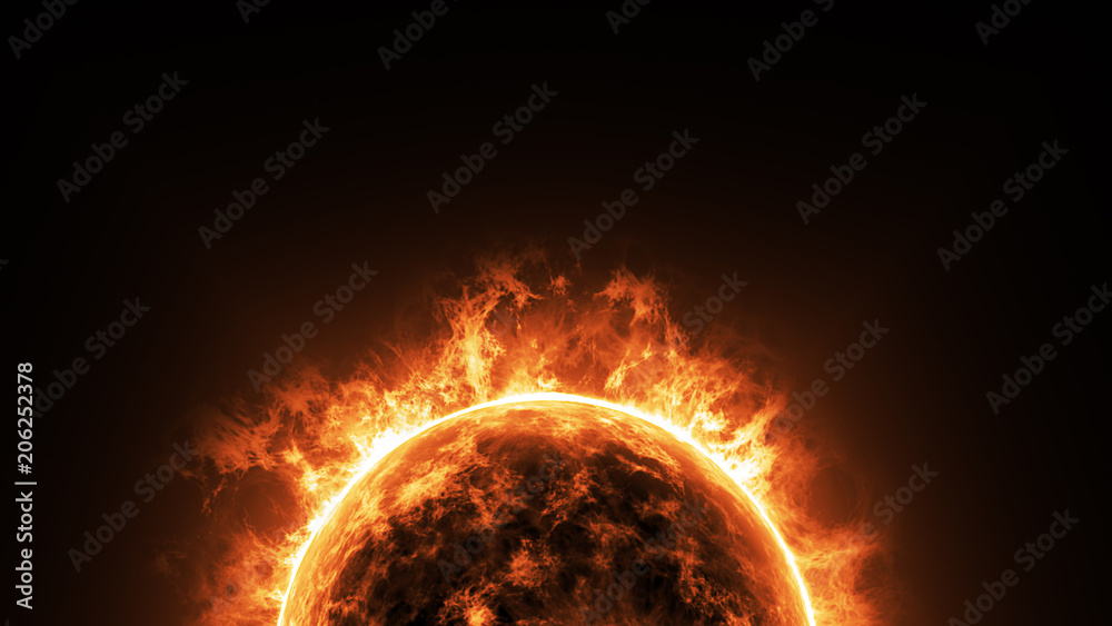 a big sun surface with solar flares and copy space on black background ...