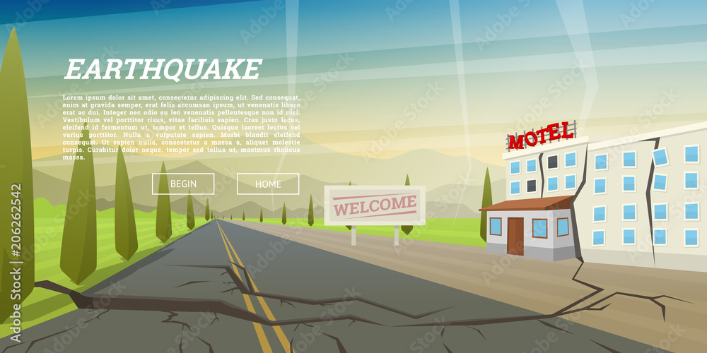 Realistic earthquake with ground crevice and ruined house with crack ...