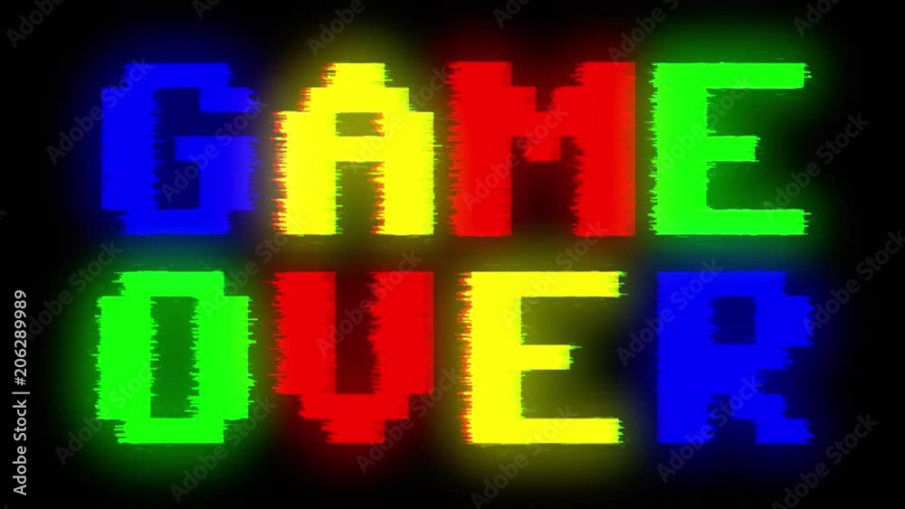 A Game Over screen, with rotating carousel colors (red, green, blue ...
