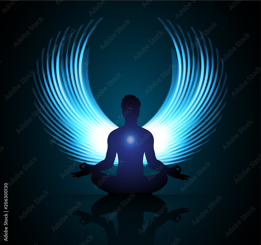 man meditate dark blue abstract background, yoga. ray. beam. Buddhist ...