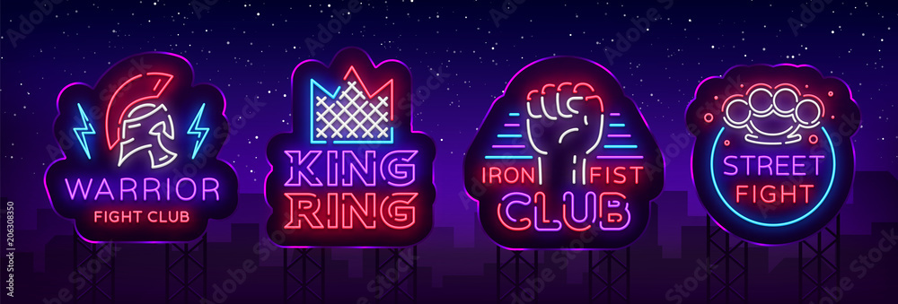 Fight Club collection neon signs. Set logo in neon style. Design ...