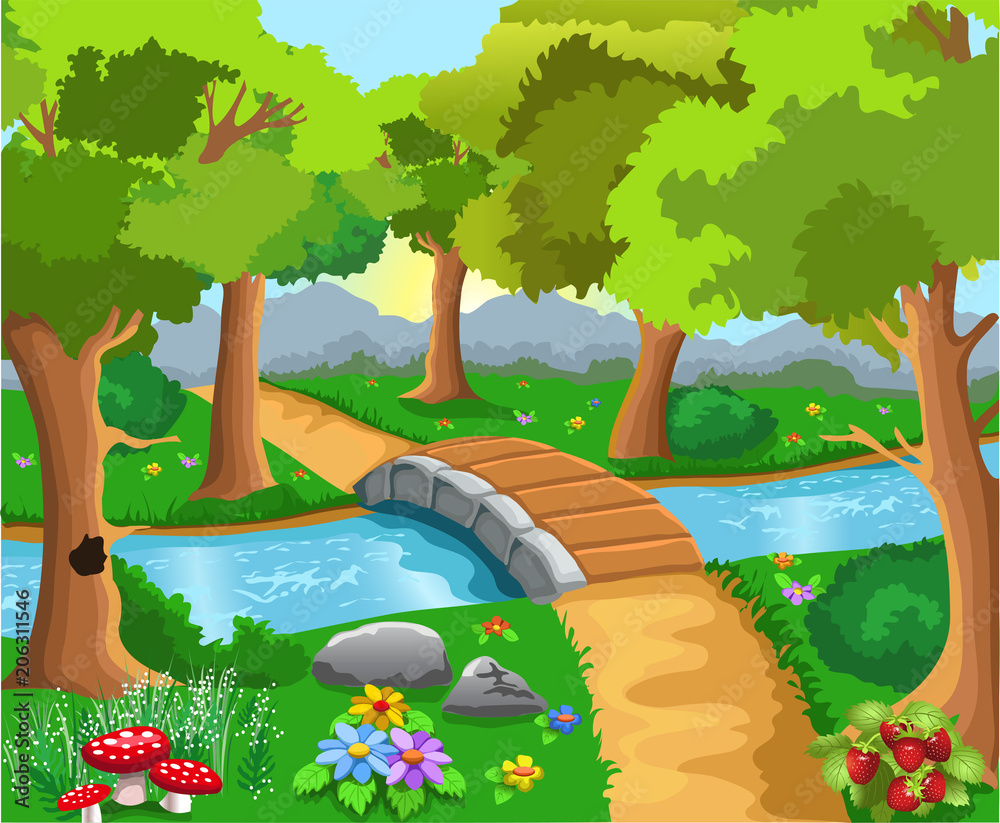 Cartoon Forest With A River And A Bridge In The Middle Stock Vector