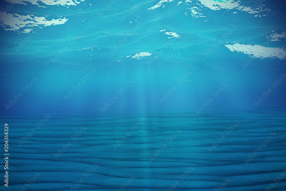 Underwater blue background in sea, ocean, with volume light. 3d ...