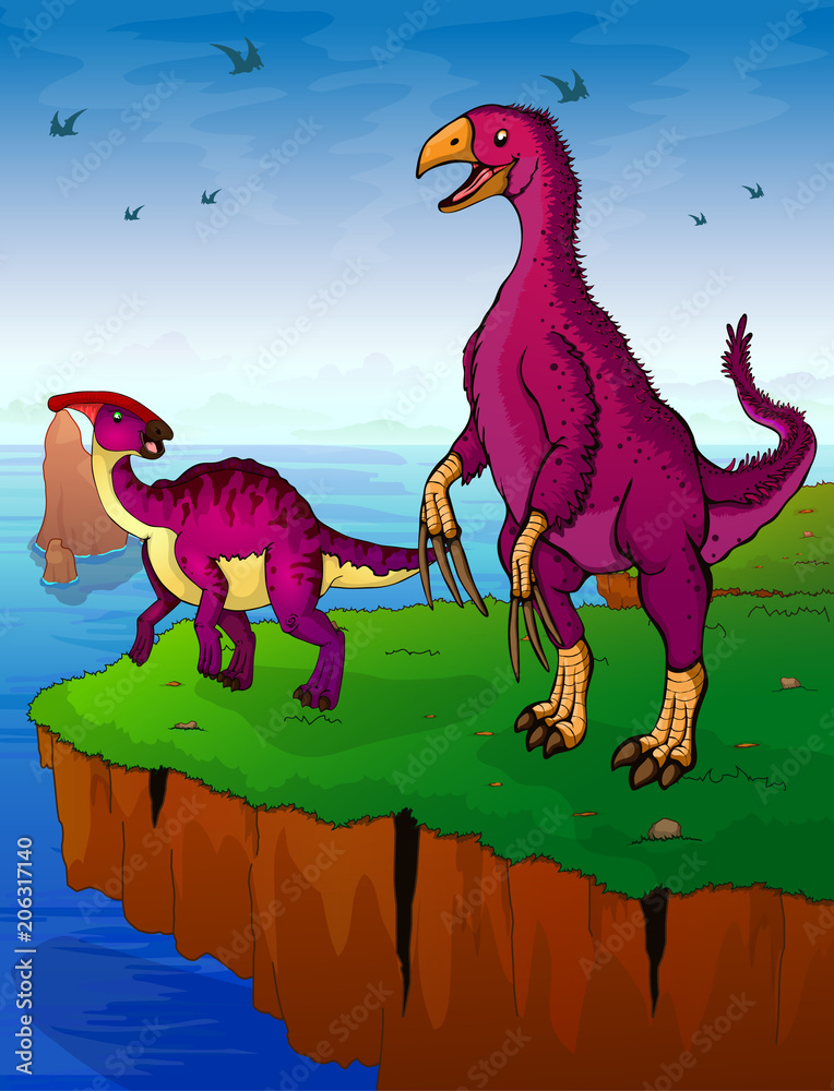 Therizinosaurus and parasaurolophus on the background of the sea ...