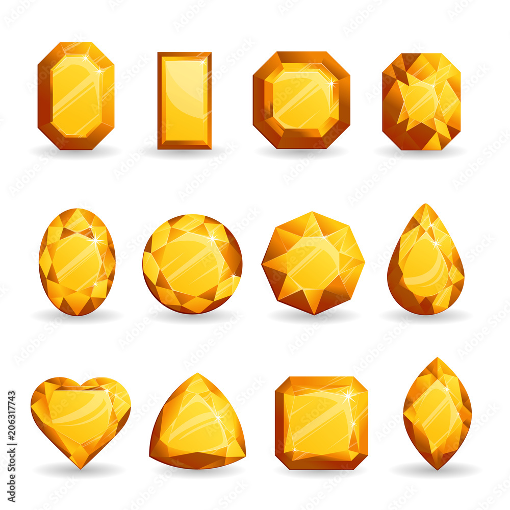 Set of realistic orange gemstones. Citrine stone of different forms ...