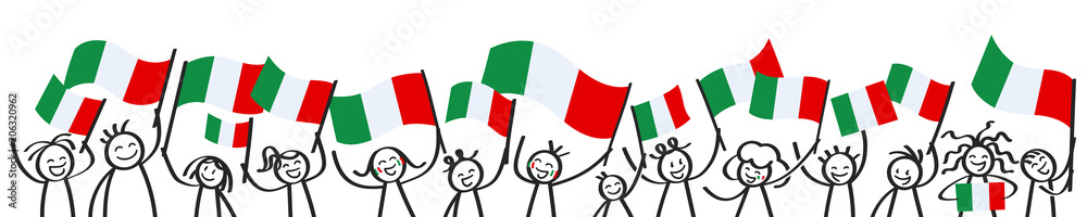 Cheering crowd of happy stick figures with Italian national flags ...