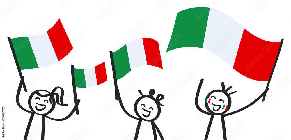 Cheering group of three happy stick figures with Italian national flags ...