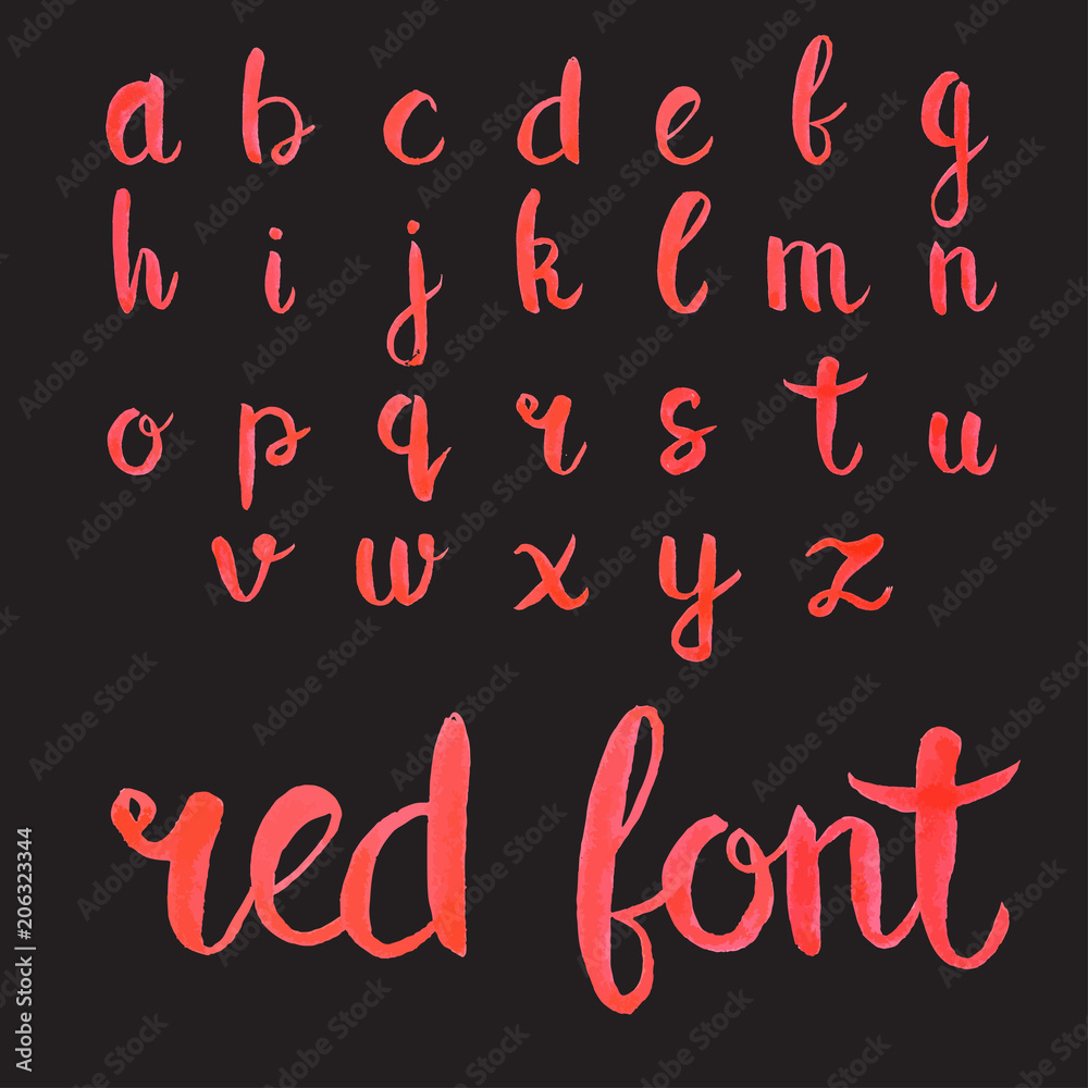 Red ink hand drawn alphabet, lower case letters. Expressive calligraphy ...