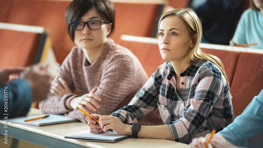 In the University Lecture Hall Multi Ethnic Group of Students Listening ...