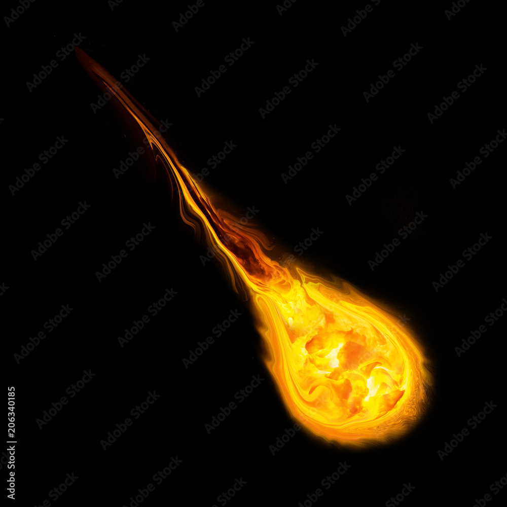 Comet moving in space. Asteroid with flame tail on black background Stock Photo | Adobe Stock