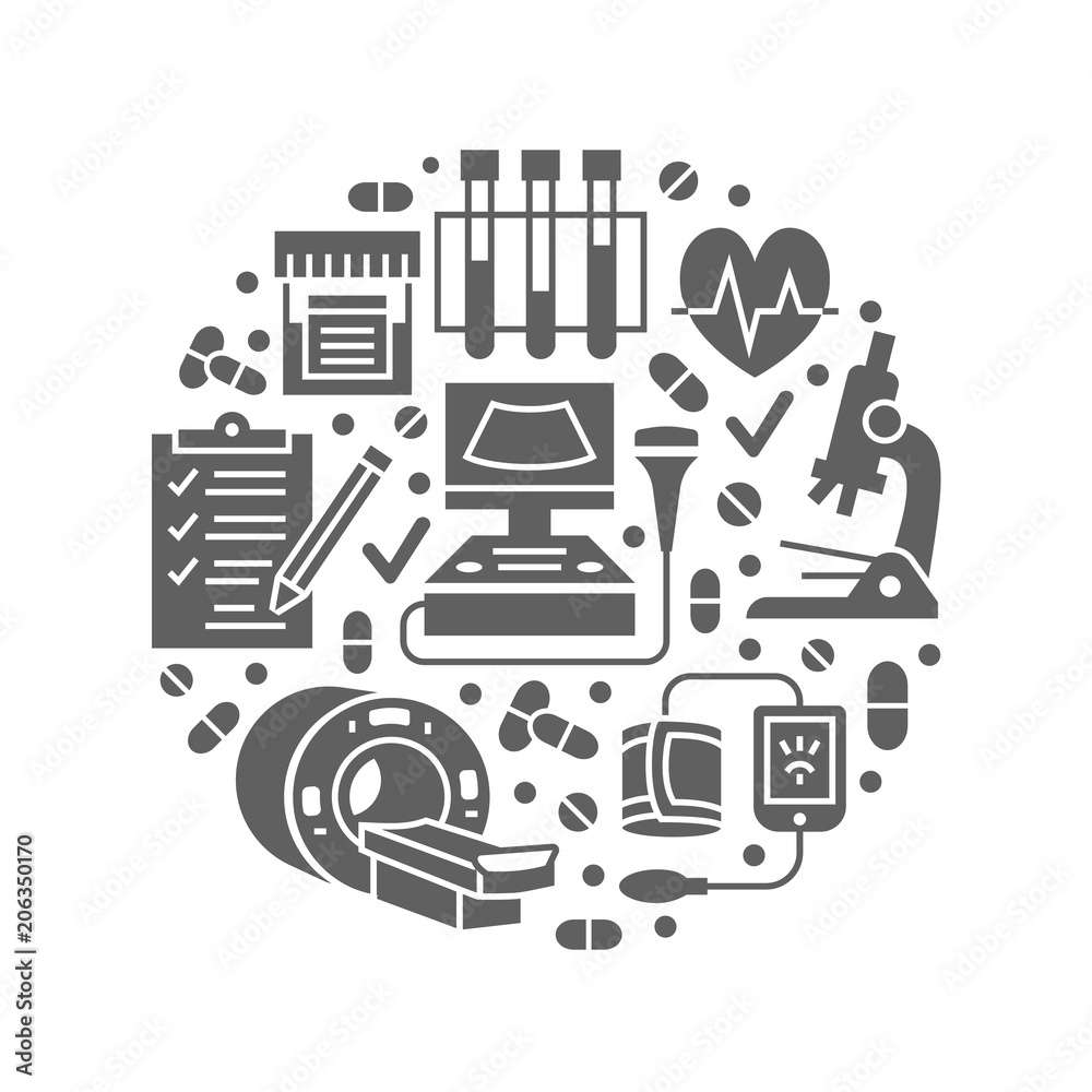 Medical check up poster template. Vector flat glyph icons, illustration ...