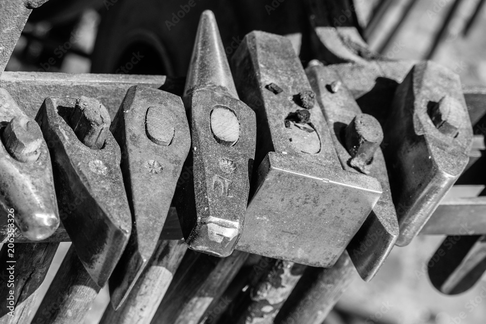 Historical tools of a blacksmith at a medieval market such as hammer ...