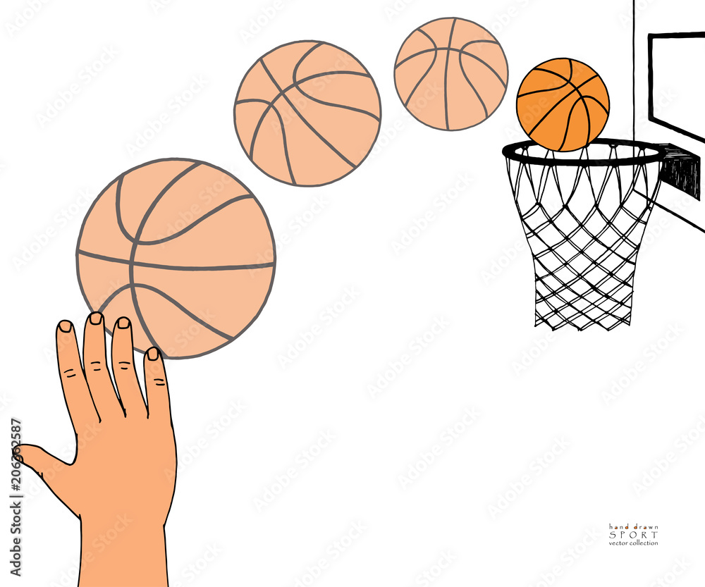 Action vector path illustration of basket ball going into a hoop. Hand ...
