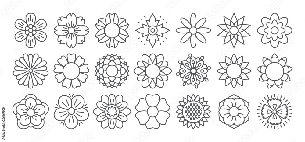 Flower line icon set. Vector collection. Different thin simple outline ...