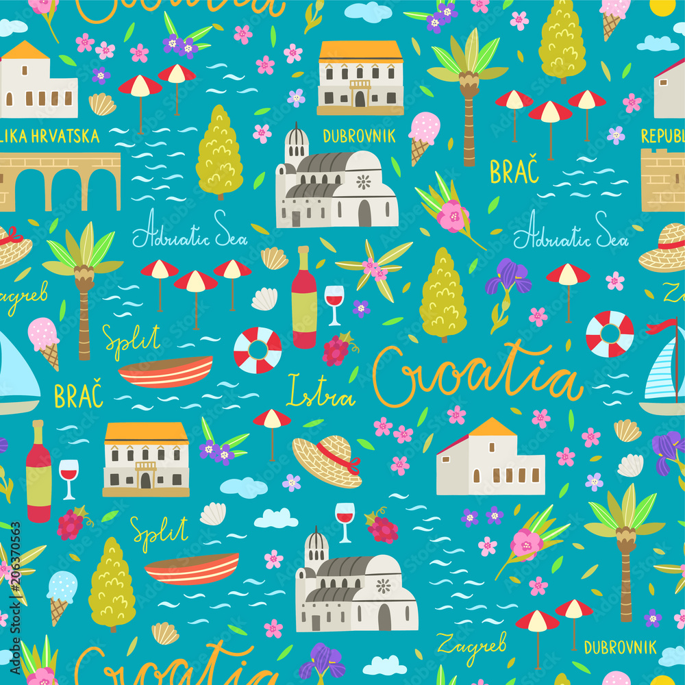 Croatia seamless pattern. Travel symbols of Croatia. Cute illustrations ...
