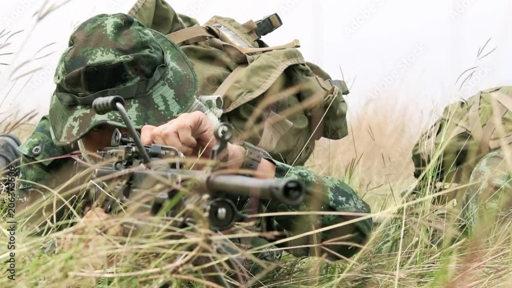 Slow motion of soldiers aiming their assault rifle on grass. Chinese ...