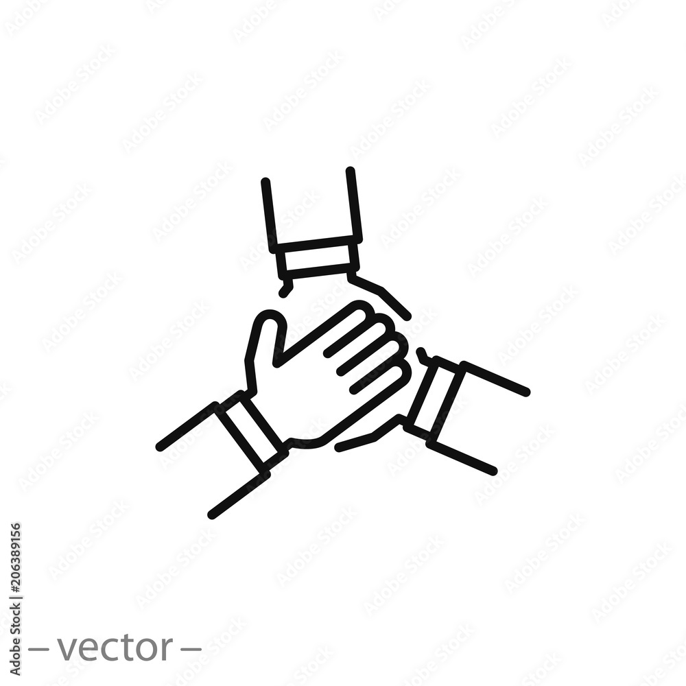 team hands together, business partnership concept, line icon vector ...
