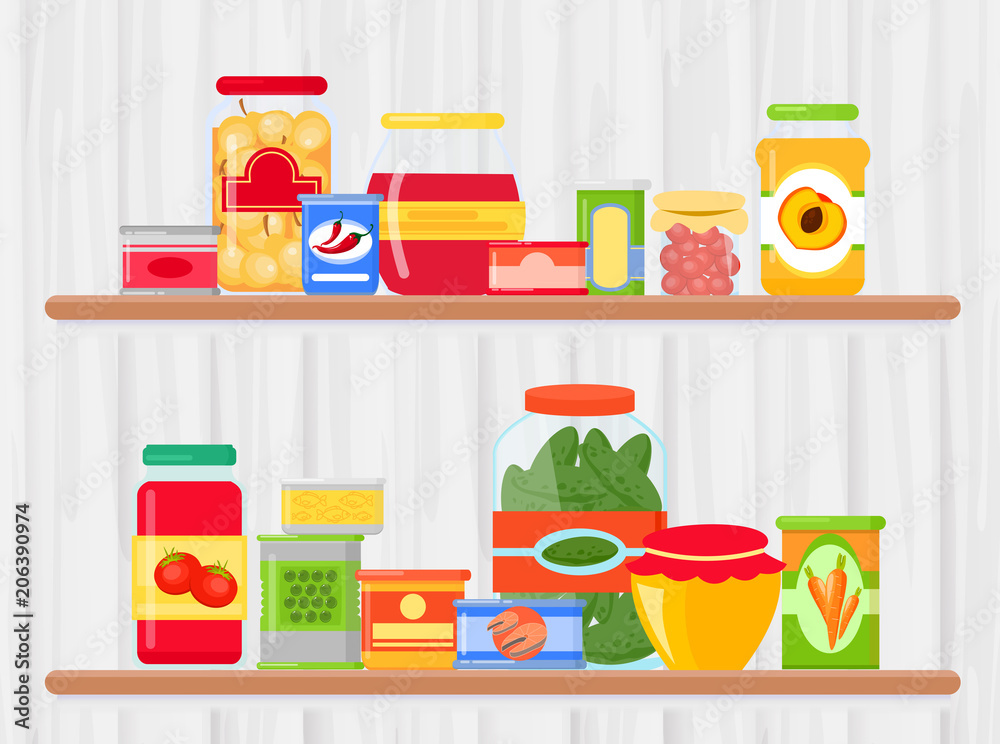 Vector illustration of shelf in grocery store with food products. Meal ...