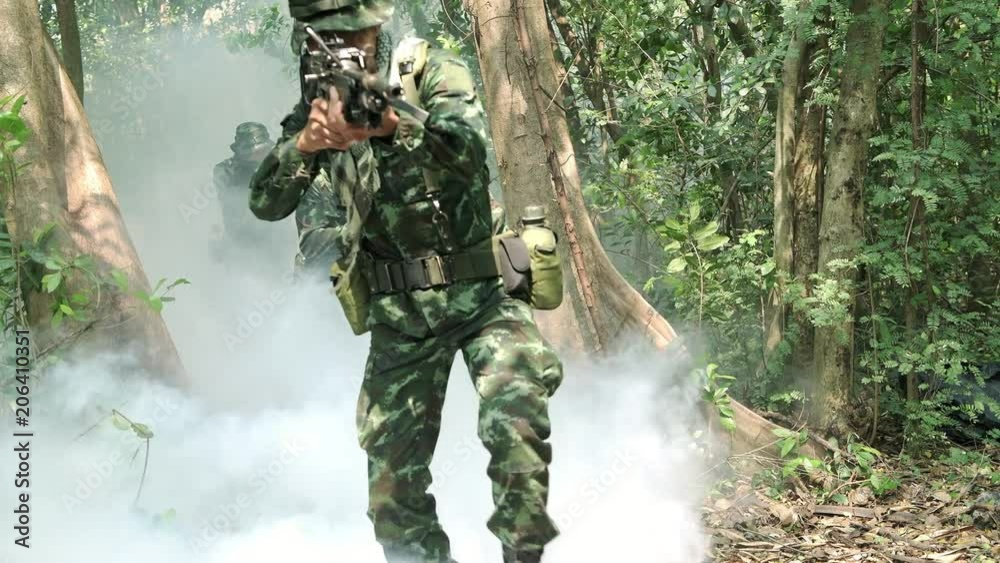 Soldiers aiming their assault rifles in jungle. Chinese soldiers in ...