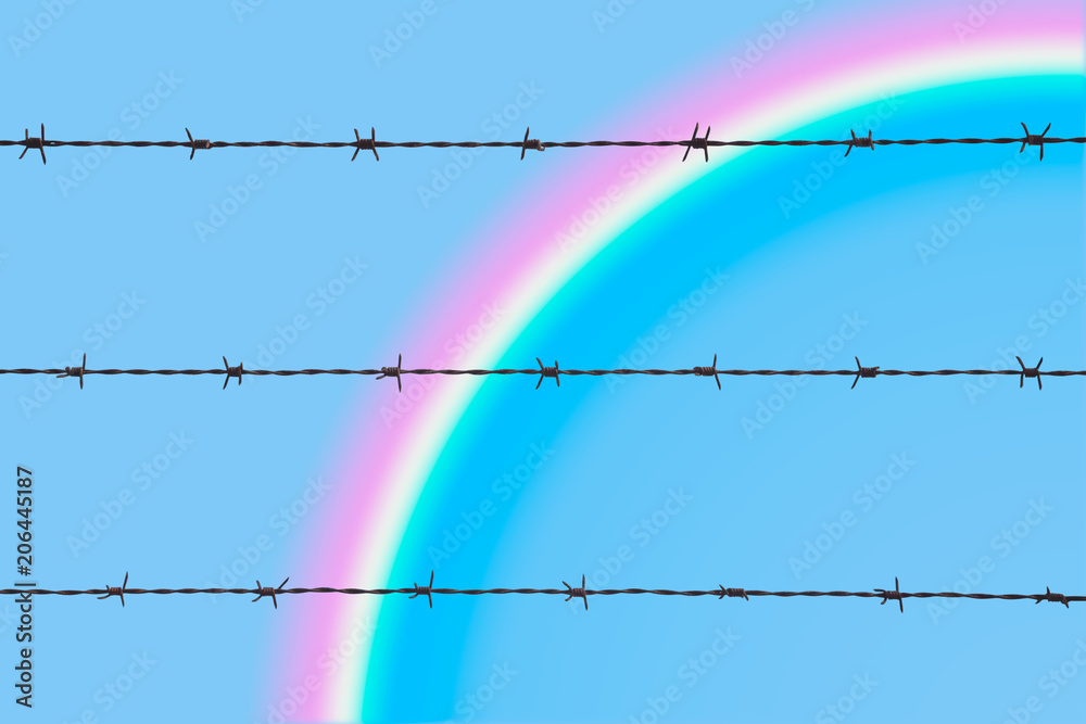 A rainbow in the sky beyond a barbed wire, symbolizes the freedom ...