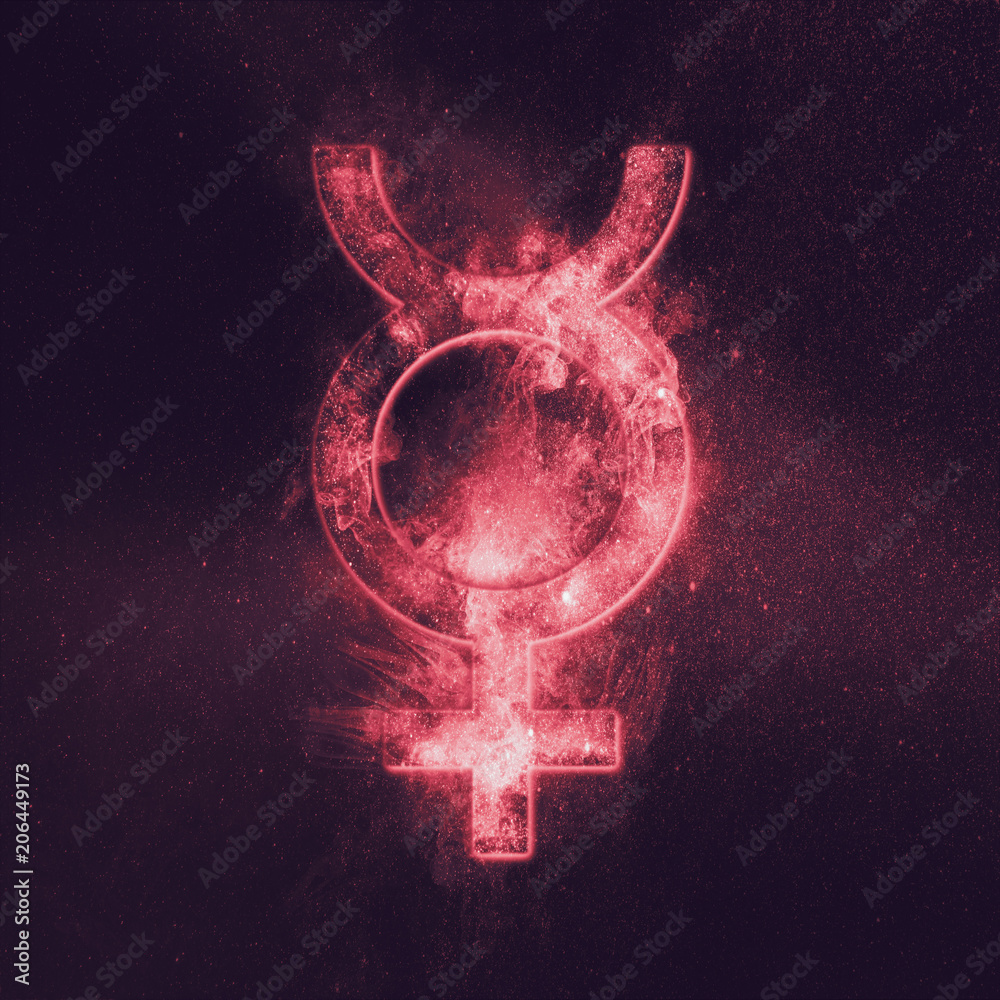 Planet Mercury Symbol. Mercury sign. Abstract night sky background ...