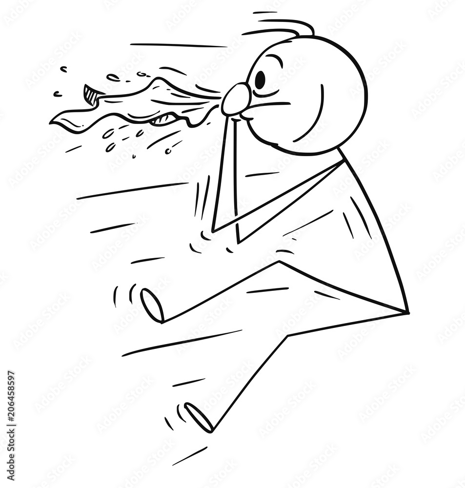 Cartoon stick man drawing conceptual illustration of man blown by ...