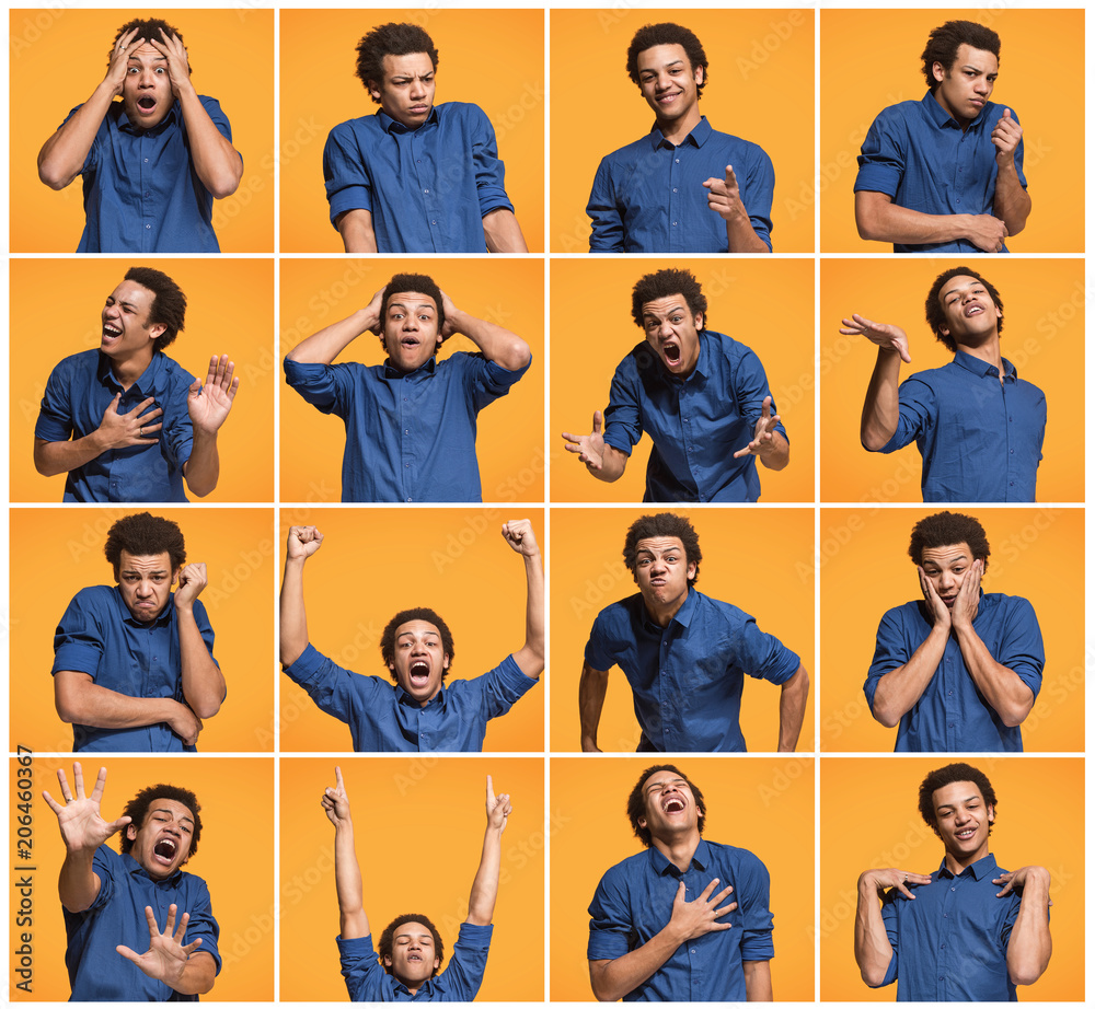 The collage of different human facial expressions, emotions and ...