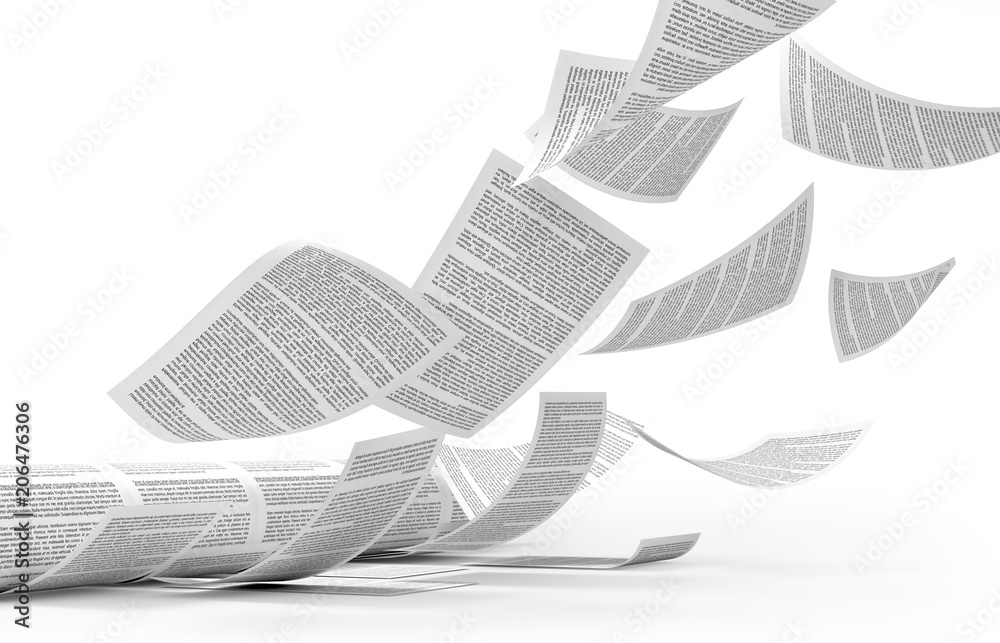 Roll printing. Flying printed sheets of paper. 3d illustration Stock ...