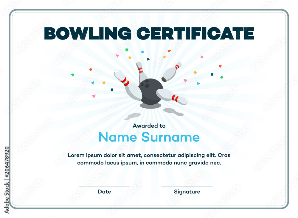 Modern bowling certificate with place for your content, scattered ...