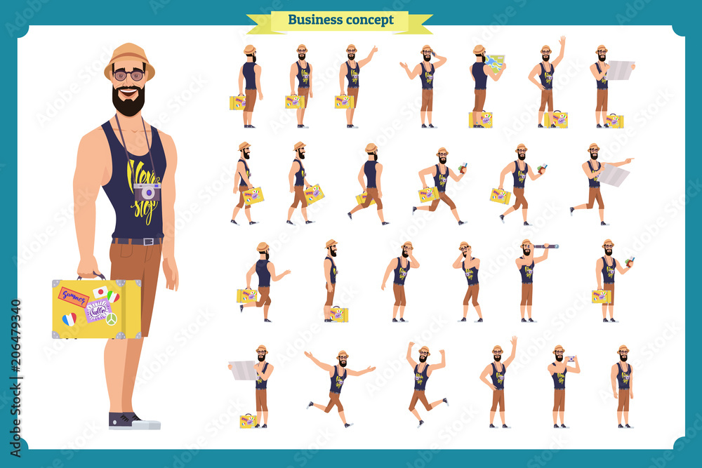 Tourist male, vacation traveller character creation set. Full length ...