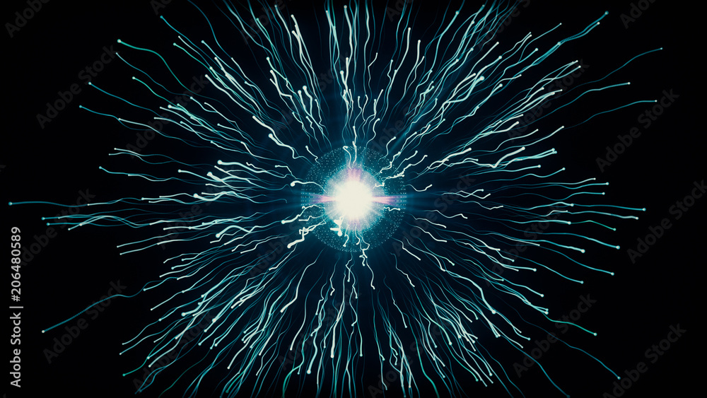 Particle collision and explosion. Bright blue particles with streams ...
