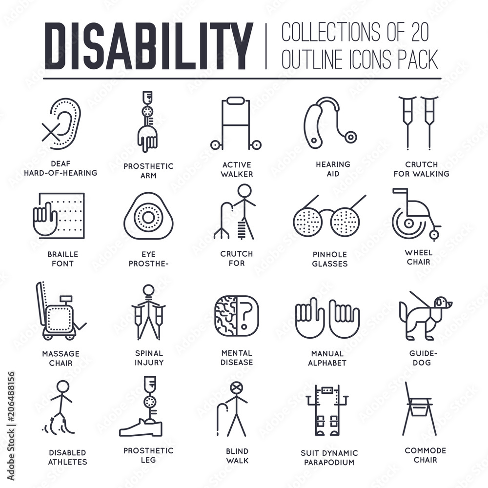 Care people with disabled thin line illustration concept. Flat outline ...