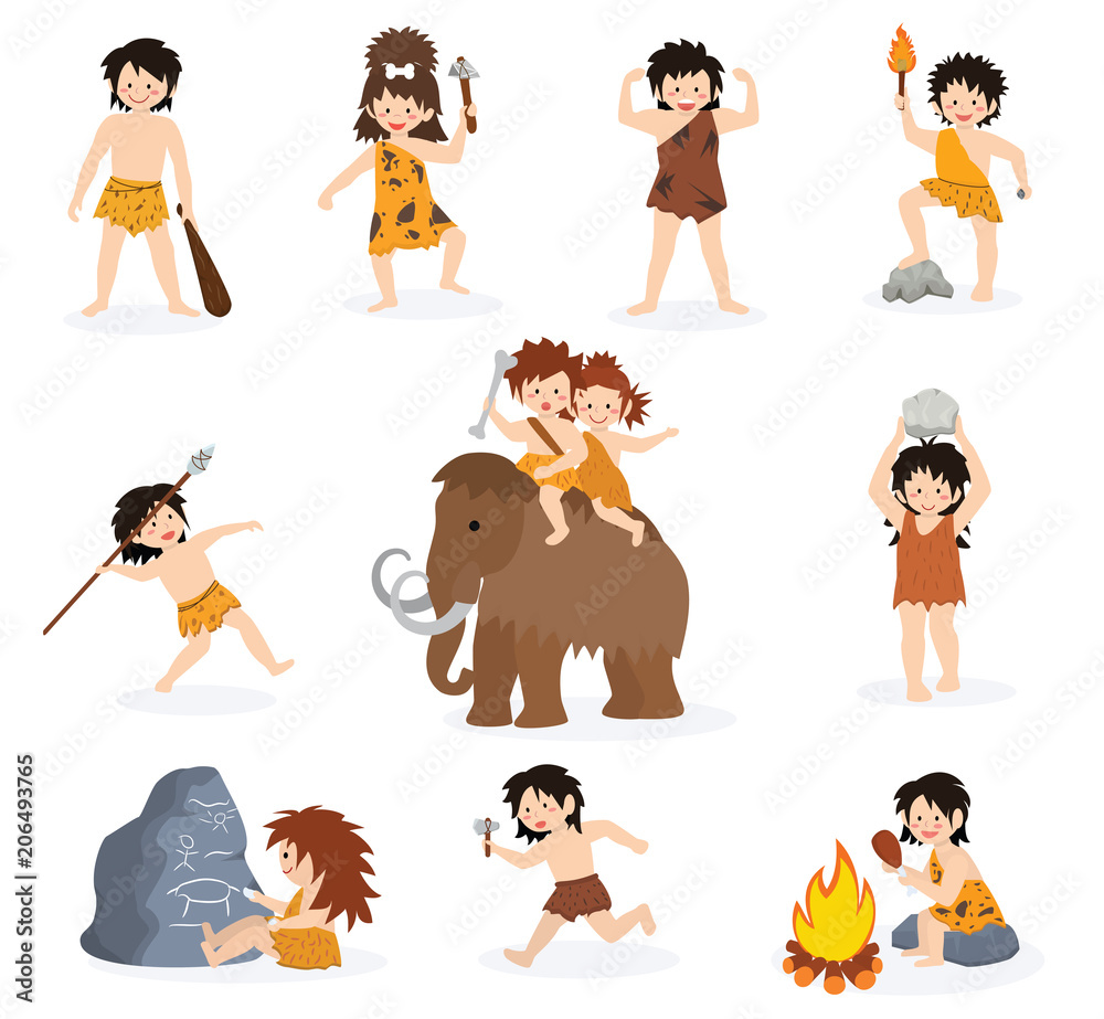 Caveman kids vector primitive children character and prehistoric child ...