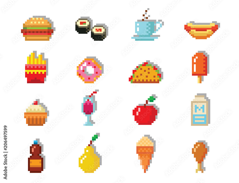 Pixel art food computer design icons vector illustration restaurant ...