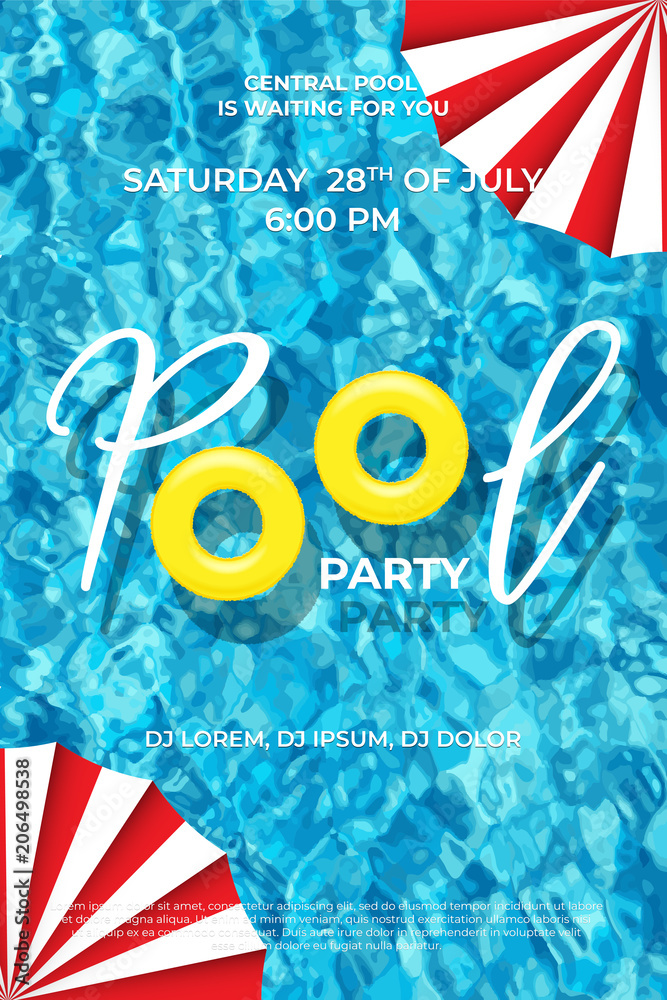 Pool party announcement template. Vector swimming rings, umbrellas and ...